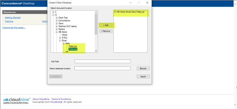 How do I create an email database in Concordance Desktop?